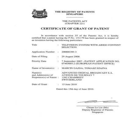Certificate of Grant of Patent | PDF