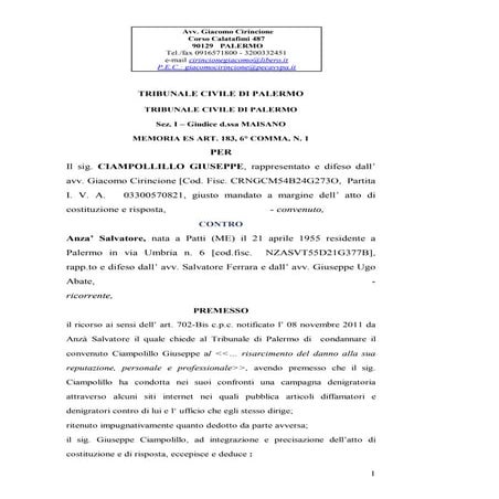 Procedimento 9916 2011 memoria difensiva ciampolillo art.183,6° n.1 12 ...