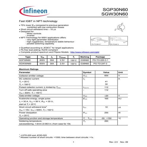 Original IGBT SGW30N60 30N60 G30N60 600V 30A TO-247 New Infineon ...