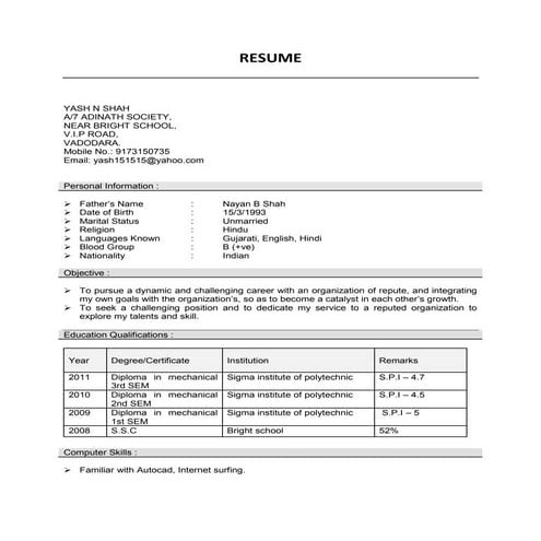 Shah yash resume | PDF