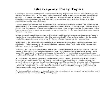 Shakespeare Essay Topics. Explain why Shakespeares - GCSE English ...