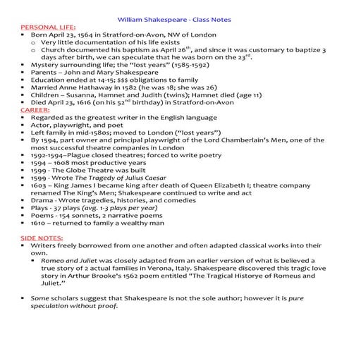 Shakespeare Bio. Notes | PDF