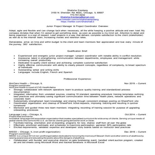Shalisha Erenberg Project Management Resume