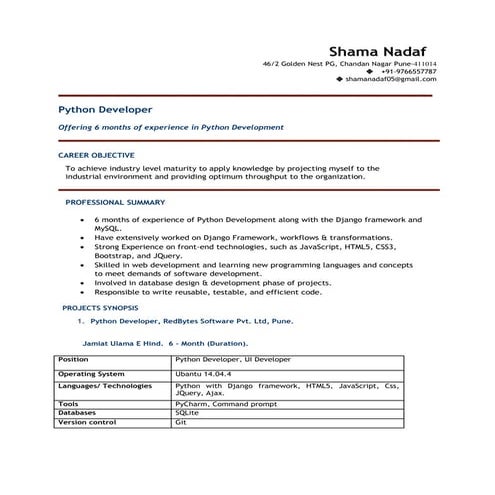 Shama Nadaf Python Developer Pdf Web Development Internet