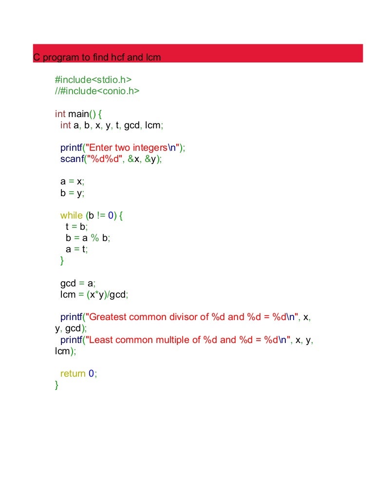 C program to find hcf and lcm