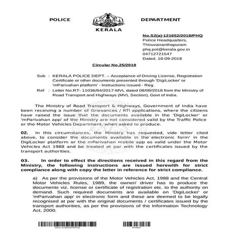 Circular No.25/2018 Sub : KERALA POLICE DEPT. – Acceptance of Driving License, Registration ...