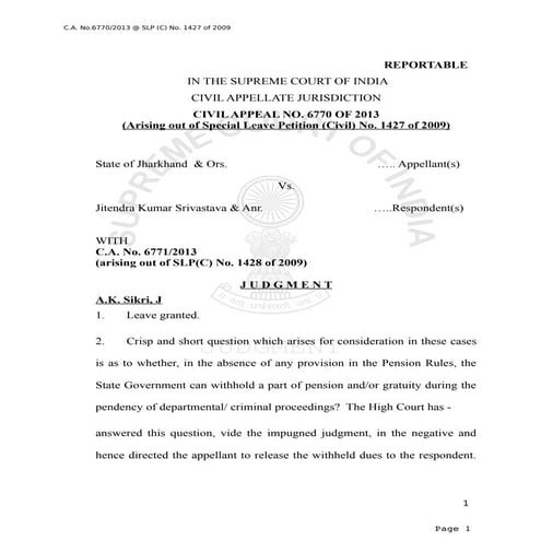 CIVIL APPEAL NO. 6770 / 2013 (SLP. 1427 of 2009)- India- Pending ...