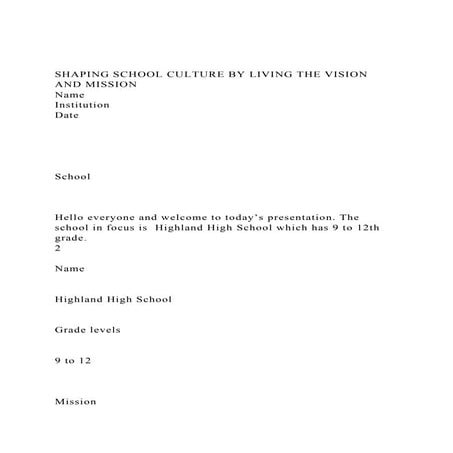 SHAPING SCHOOL CULTURE BY LIVING THE VISION AND MISSIONNameI.docx ...