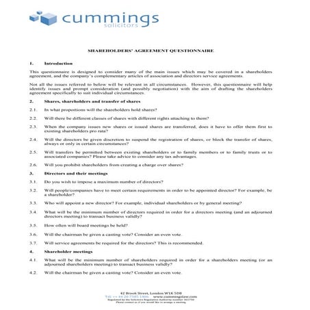 Shareholder agreement questionnaire final 060112 | PDF