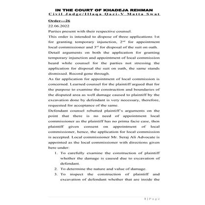 Appointment of local commission in case of Sharif Khan Vs Muhammad ...