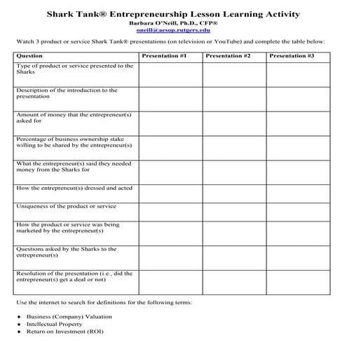 Shark Tank (R) Lessson Learning Activity | PDF