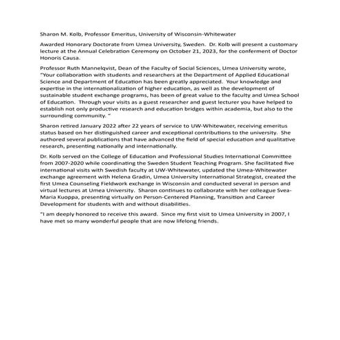 Sharon M Kolb Honorary Doctorate Sweden Docx