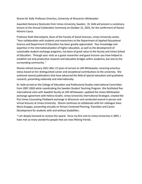 Sharon M Kolb Honorary Doctorate Sweden Docx