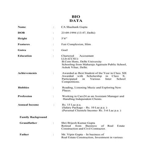 Shashank bio data | PDF | Free Download