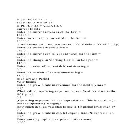 Sheet FCFF ValuationSheet EVA ValuationINPUTS FOR VALUATION.docx