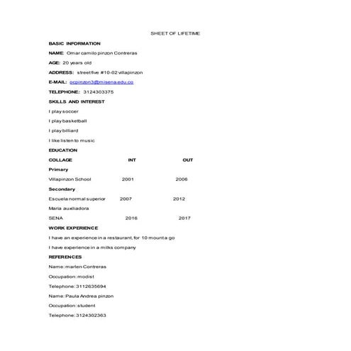 Sheet of lifetime | DOCX