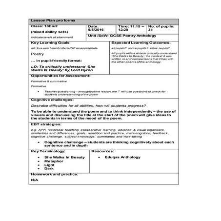 She Walks in Beauty Lesson plan | DOCX