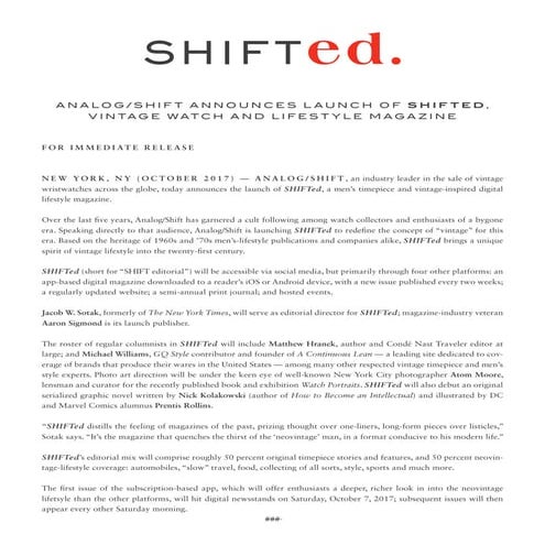 Analog/Shift Announces Launch of SHIFTed | PDF