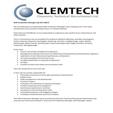 Shift Production Manager Job Rail Rolling Stock Ref 1303 4 | PDF