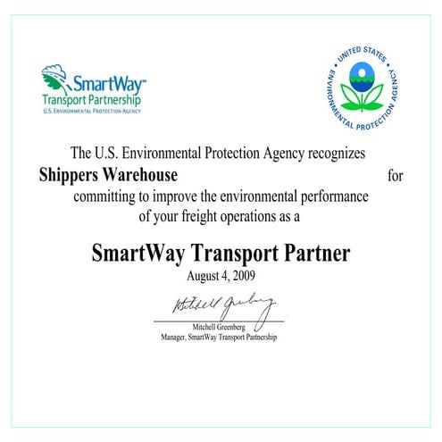 Shippers Warehouse Certificate Smartway August 4,2009 | DOC
