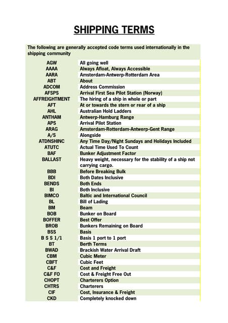 Glossary of Port and Shipping Terms Glossary of Port and Shipping Terms