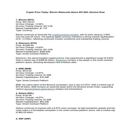 Crypto Price Today Bitcoin Rebounds Above $57000 Altcoins Roar.docx