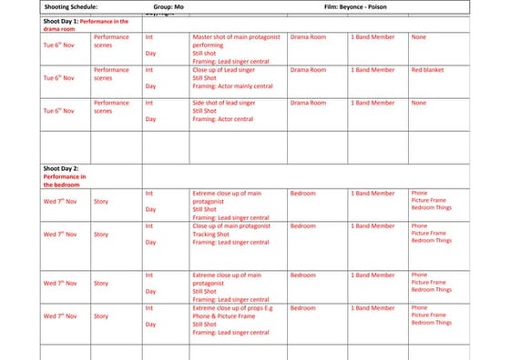 Shooting schedule (final draft) | PPTX | Video Production | Content Production
