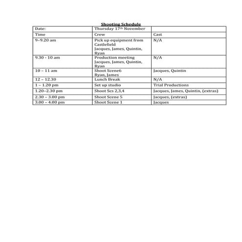 Shooting schedule | DOCX