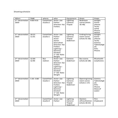 Shooting schedule | DOCX