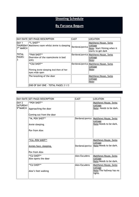 Shooting schedule | DOCX