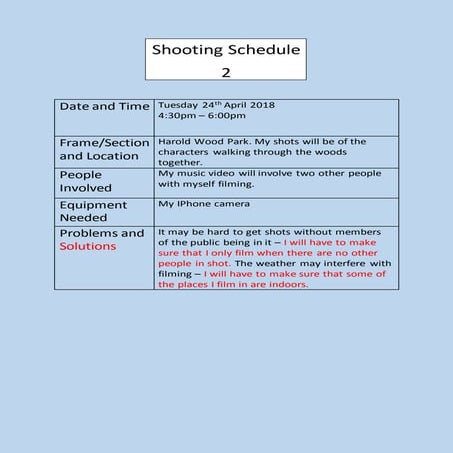 Shooting schedule 2 | DOCX | Video Production | Content Production