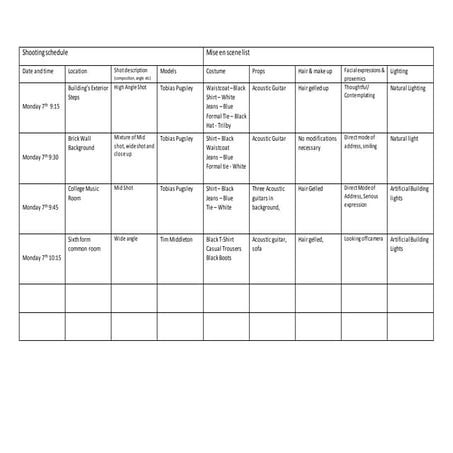 Shooting schedule and mise en scene list | DOCX