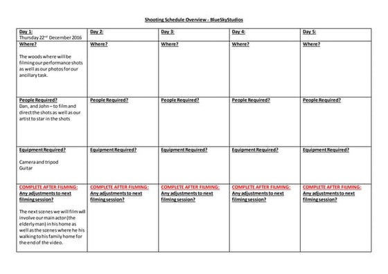 Shooting schedule overview | DOCX