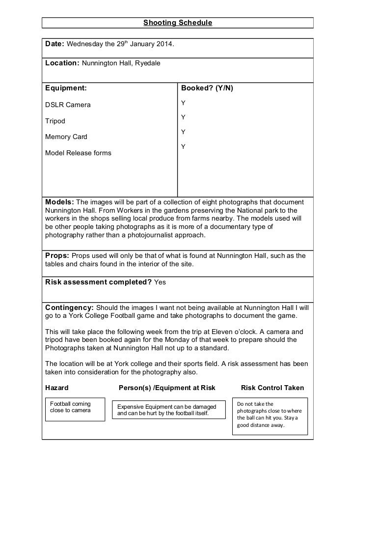 Shooting schedule & risk assessment