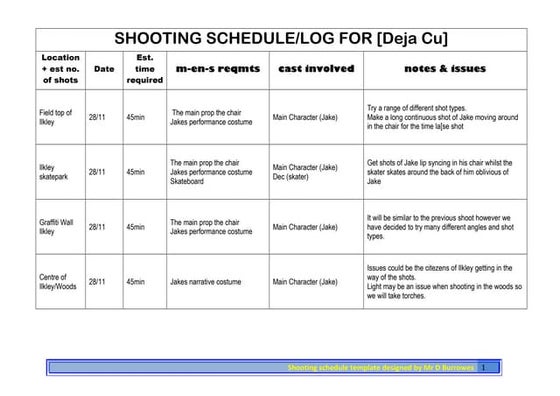 Shooting schedule template | DOC | Photography | Arts and Crafts