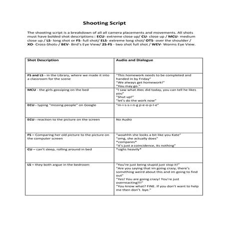 Shooting script | DOCX | Cameras and Camcorders | Consumer Electronics