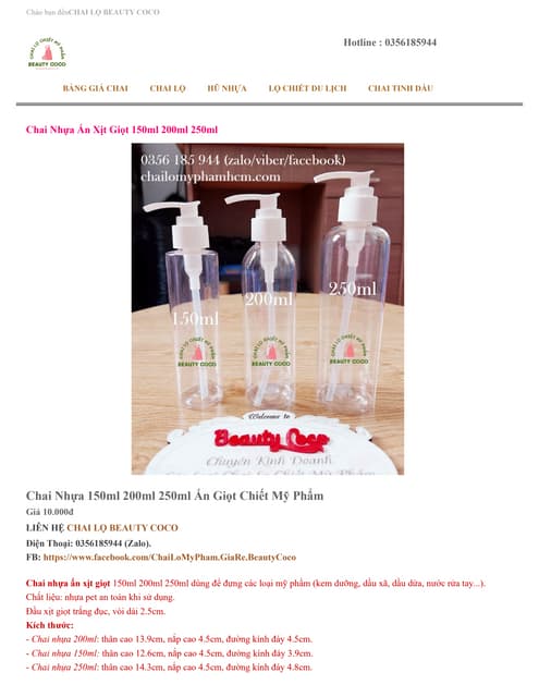 Chai Nhựa Nắp Bật 250ml Chiết Mỹ Phẩm | PDF