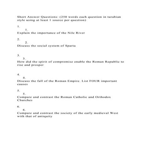 Short Answer Questions (250 words each question in turabian style u.docx