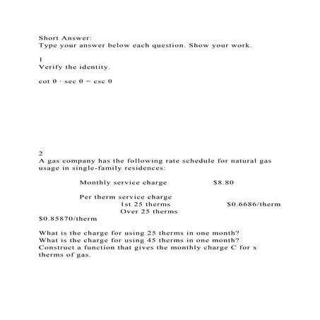 Short Answer Type Your Answer Below Each Question Show Your Workdocx 