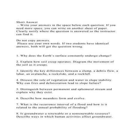 Short Answer – Write your answers in the space below each ques.docx ...