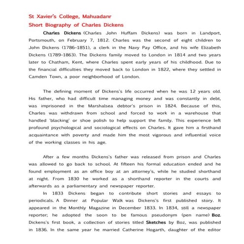 Short biography of charles dickens | PDF