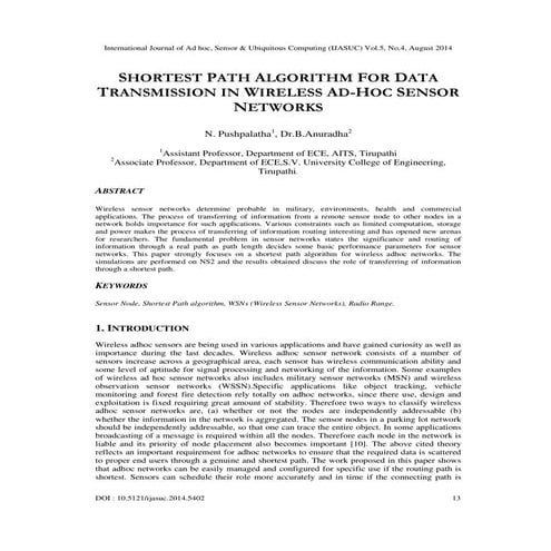 Shortest Path Algorithm For Data Transmission In Wireless Ad Hoc Sensor Networks Pdf 
