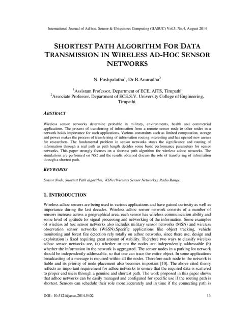 Shortest Path Algorithm For Data Transmission In Wireless Ad Hoc Sensor Networks Pdf