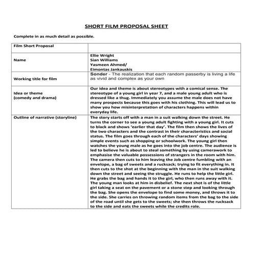 Short film proposal sheet | DOC | Women\'s Outerwear | Women\'s Clothing