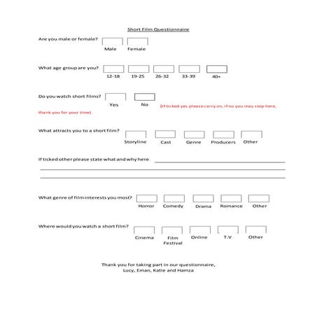 Short Film Questionnaire (Blank) | DOCX