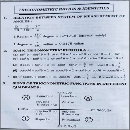 Short Notes for Trigonometric ratios and identities with formula and ...