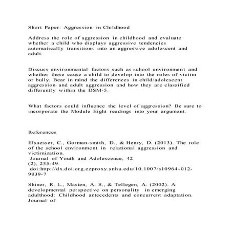 Short Paper Aggression in Childhood Address the role of aggress | PDF