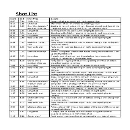Shot list | DOCX