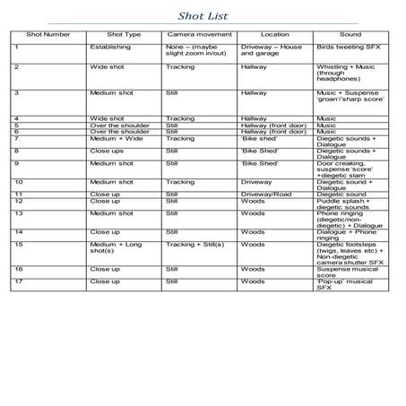 Shot list | DOCX
