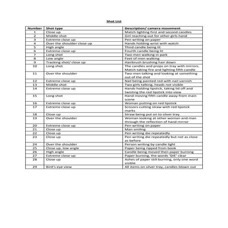 Shot list | DOCX